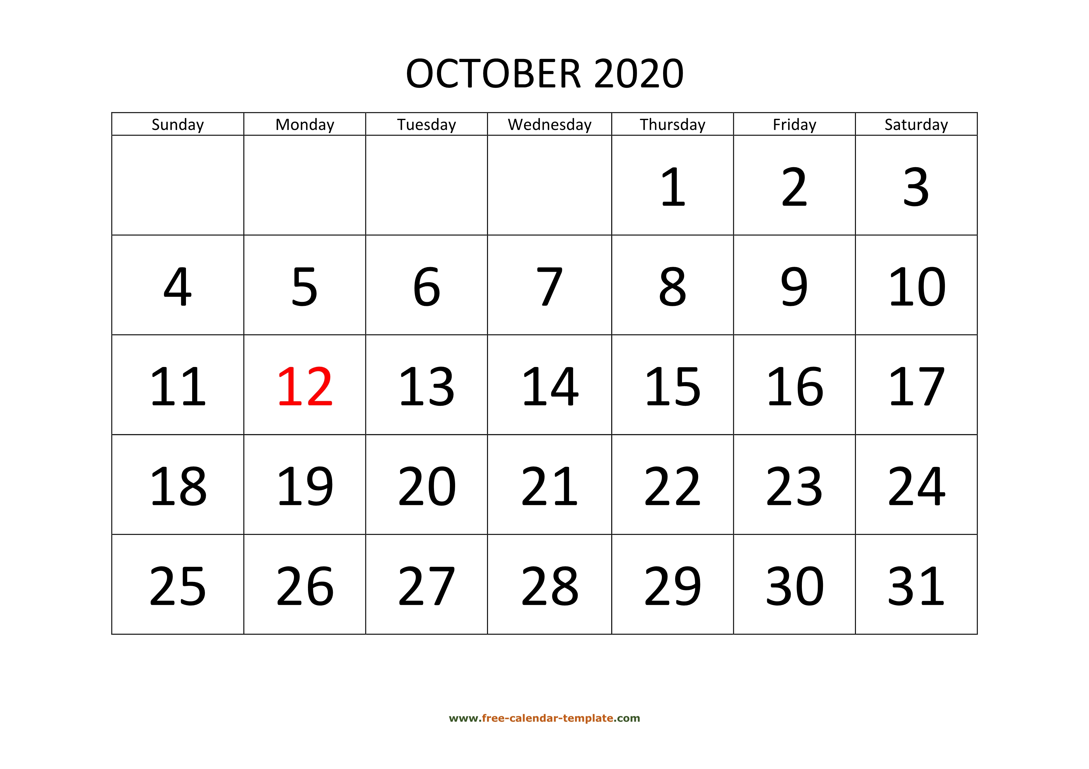 October 2020 Free Calendar Tempplate Free calendar template
