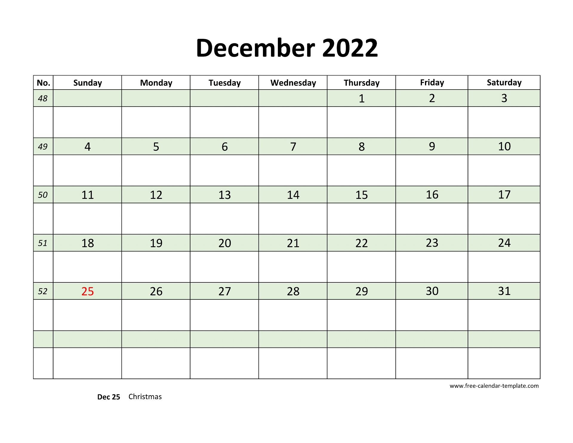 Free December 2022 Calendar Coloring On Each Day horizontal Free 