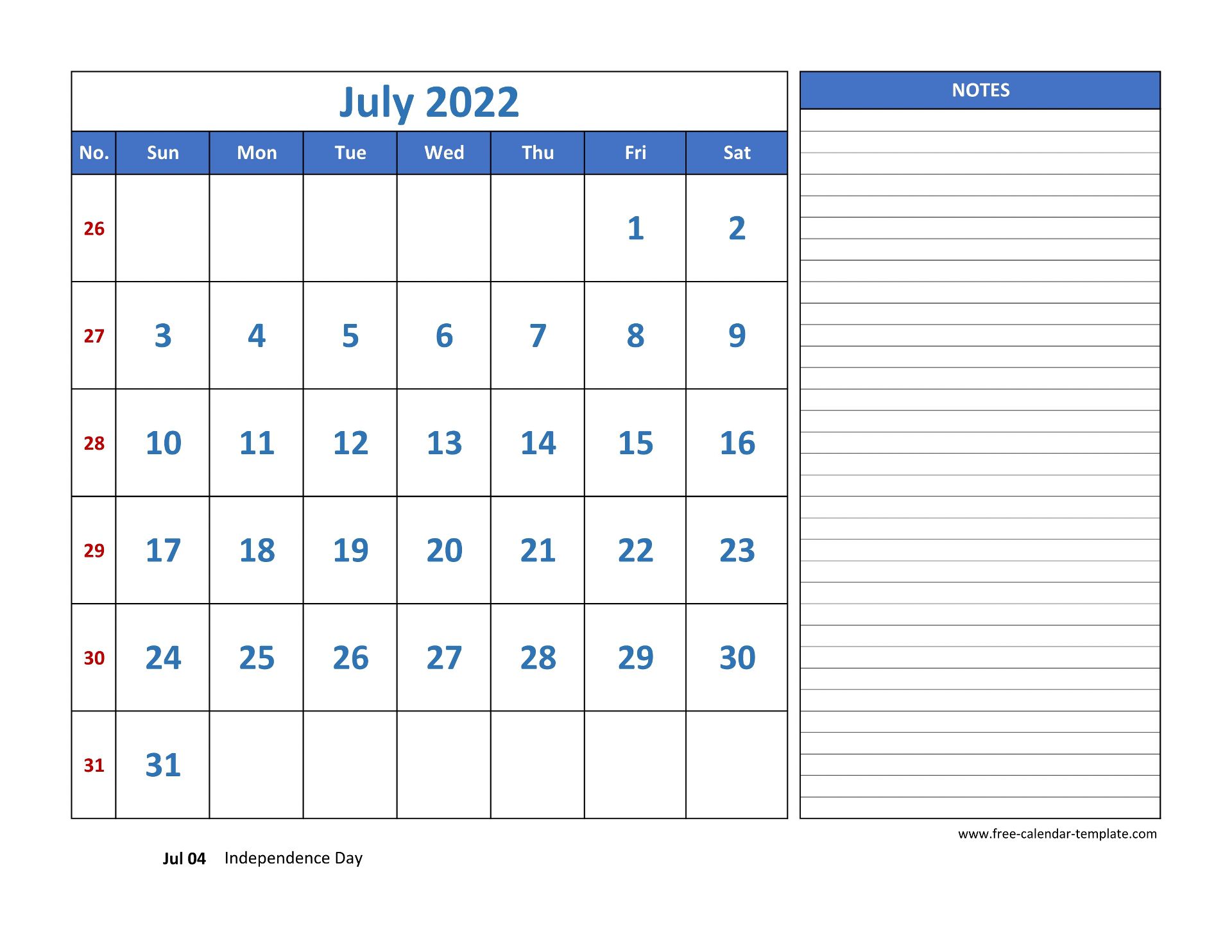 July Calendar 2022 Grid Lines For Holidays And Notes horizontal 