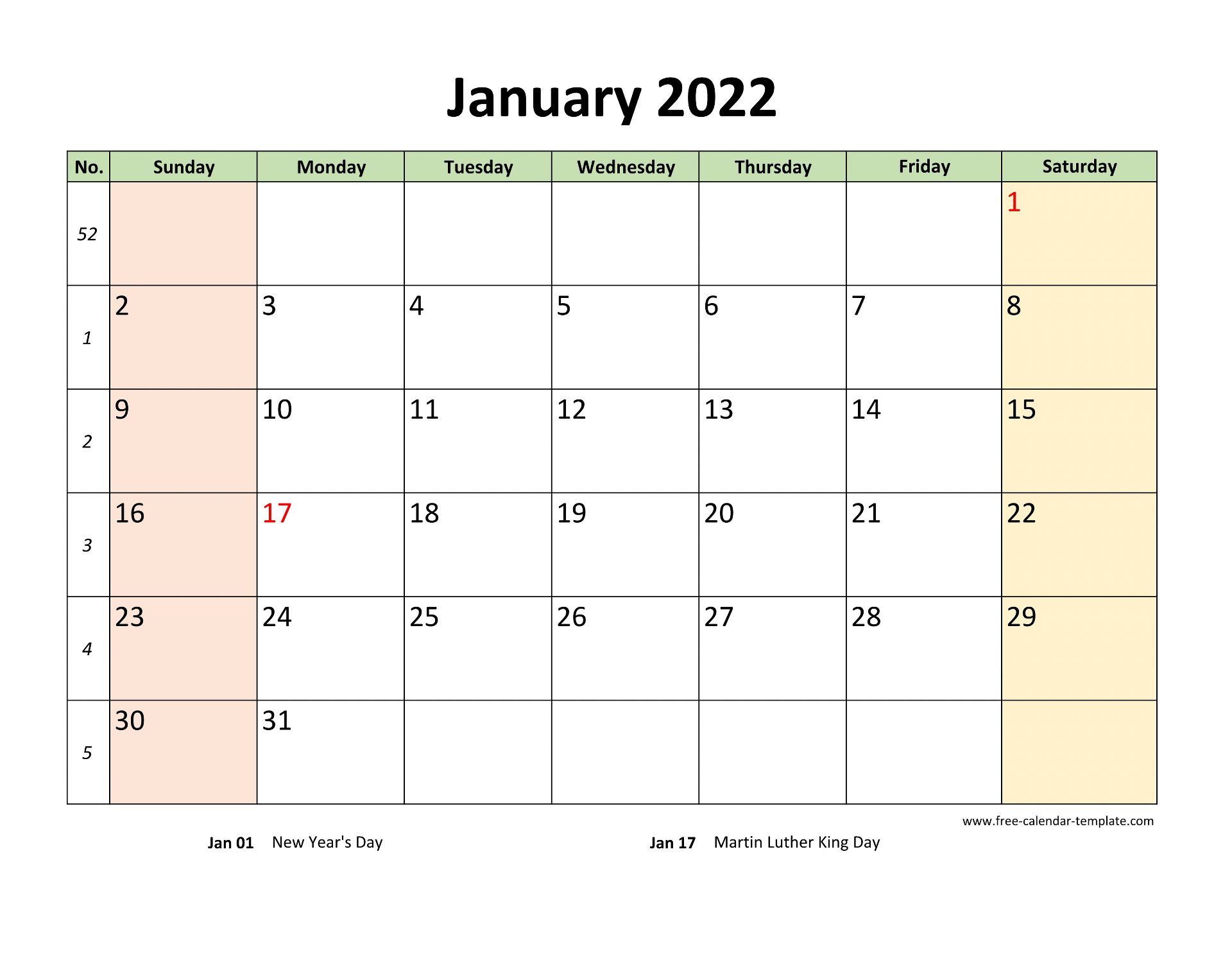 Monthly 2022 Calendar Printable With Coloring On Weekend horizontal 