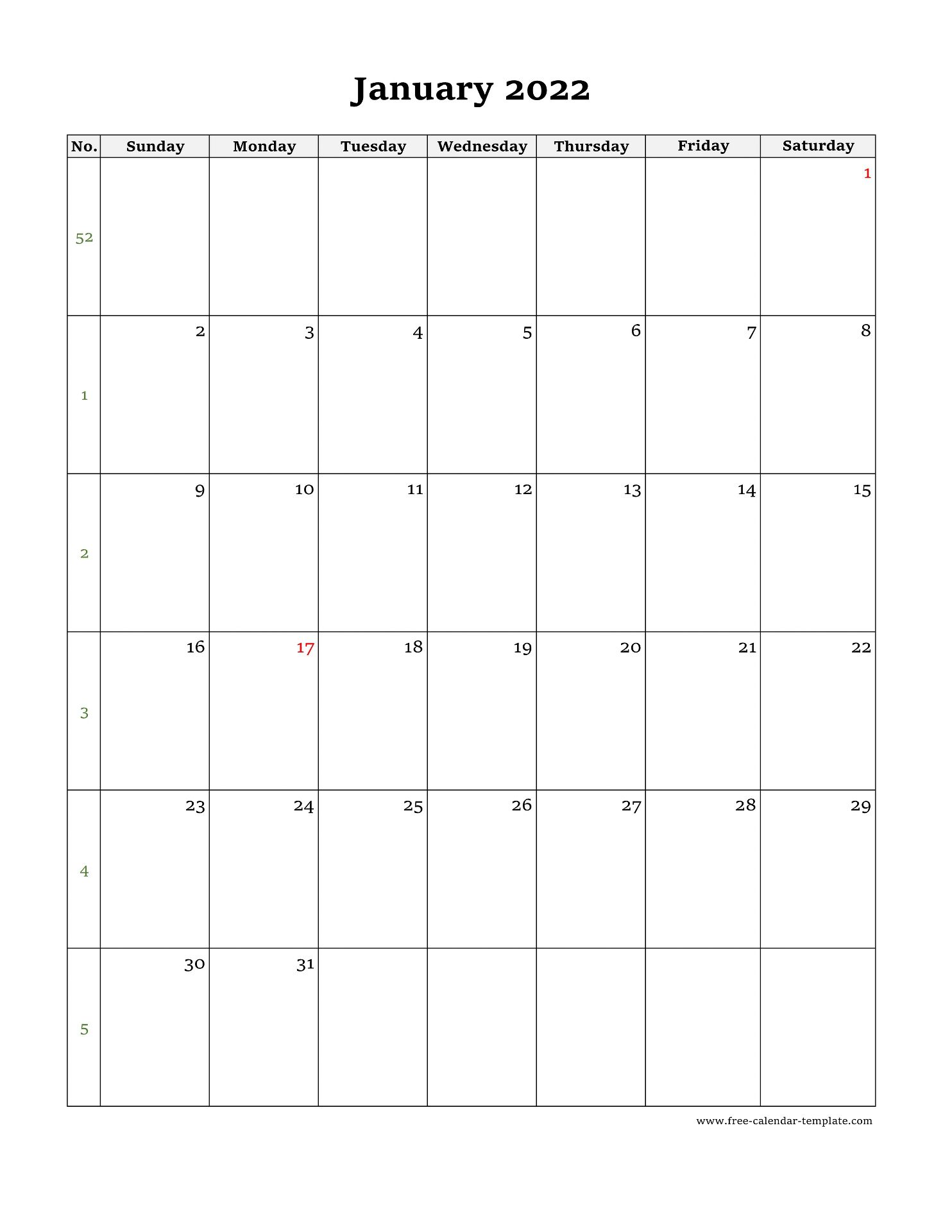 Monthly Calendar 2022 Simple Design With Large Box On Each Day For 
