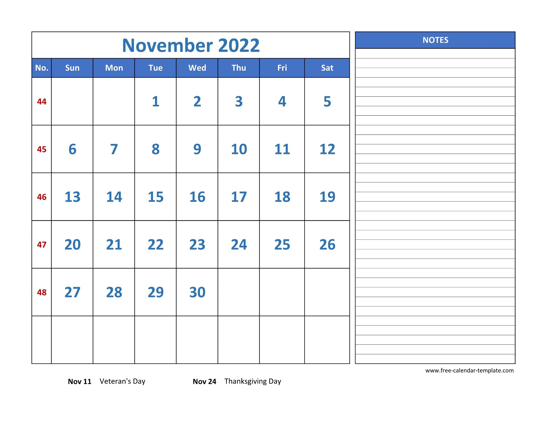 November Calendar 2022 Grid Lines For Holidays And Notes horizontal 