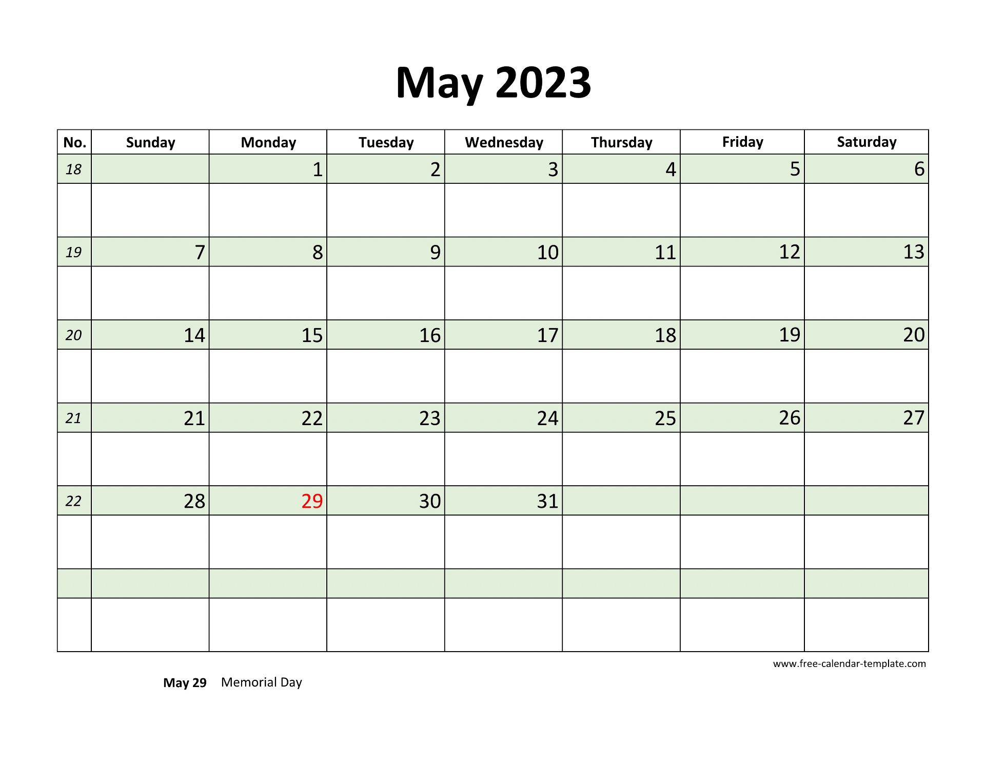 Free May 2023 Calendar Coloring On Each Day horizontal Free 
