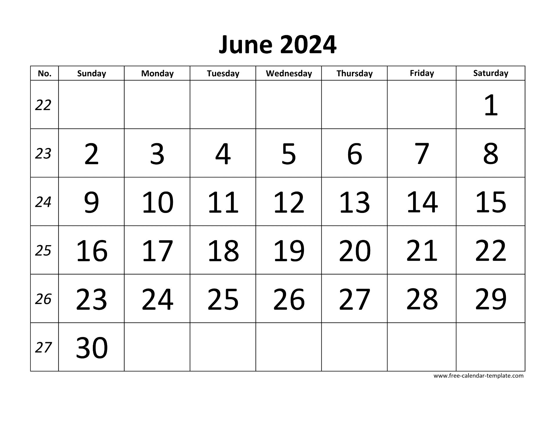 June 2024 Calendar Designed With Large Font horizontal Free June 2024 Calendar Designed With Large Font horizontal Free