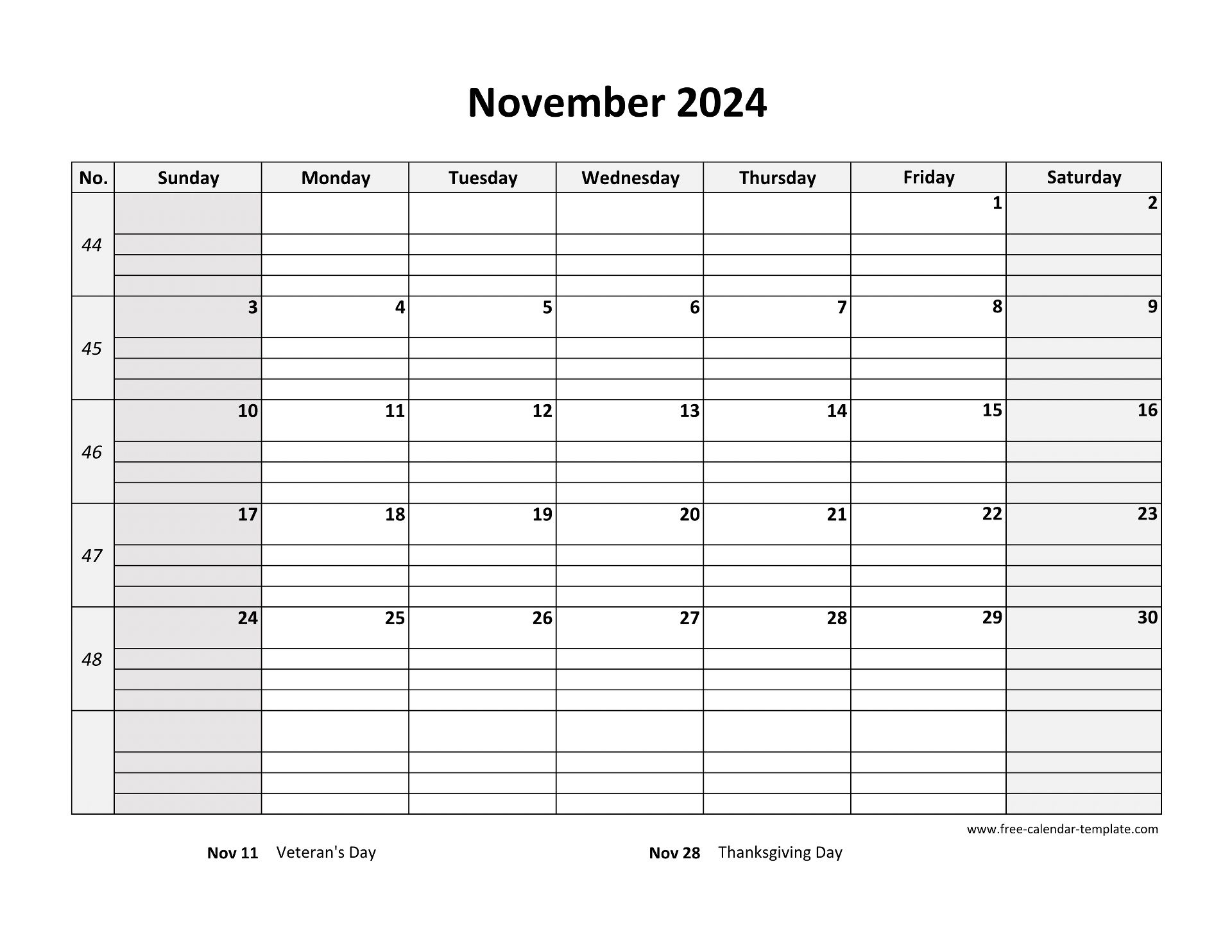 November 2024 Calendar Free Printable With Grid Lines Designed horizontal Free calendar