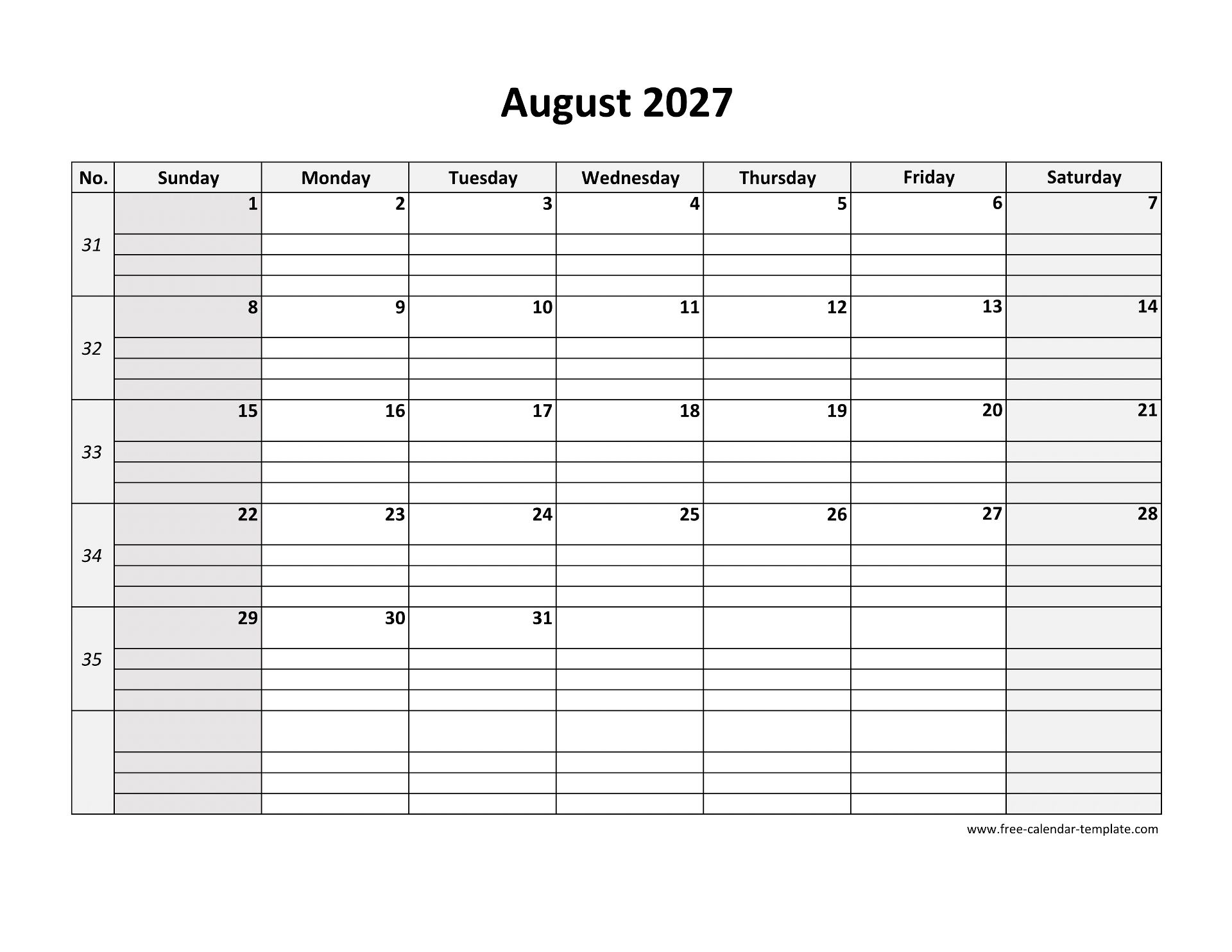August 2027 Calendar Free Printable with grid lines designed ...