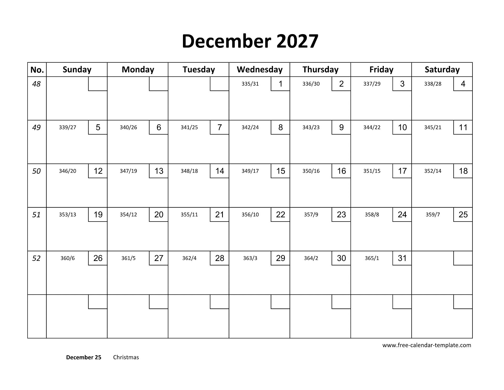 December Calendar 2027 Printable with checkboxes (horizontal) | Free ...