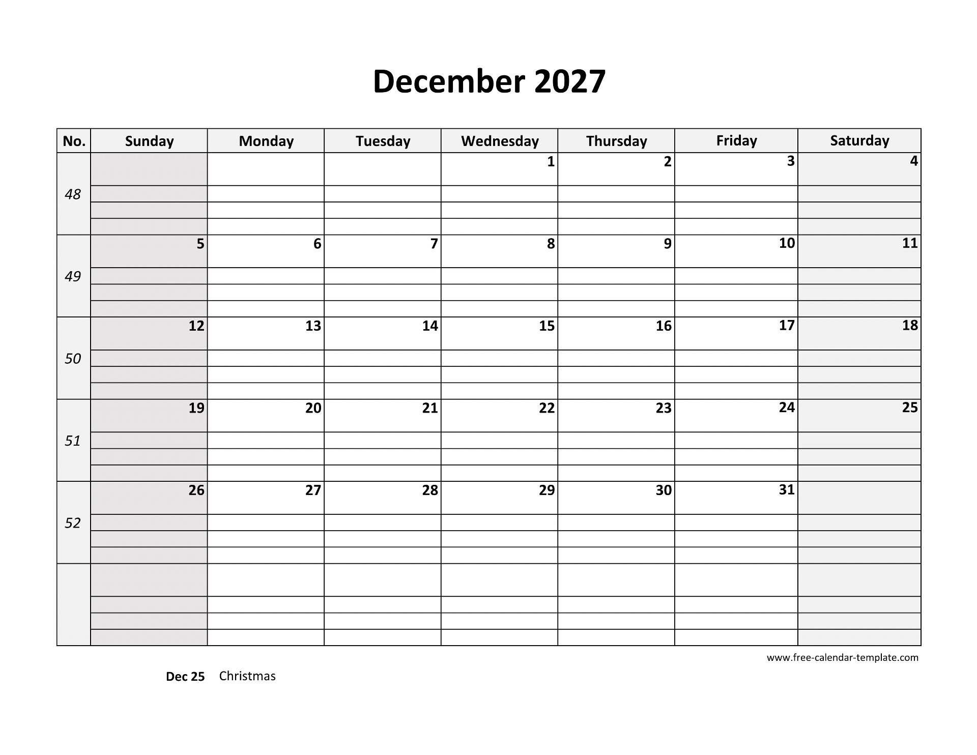 December 2027 Calendar Free Printable with grid lines designed ...