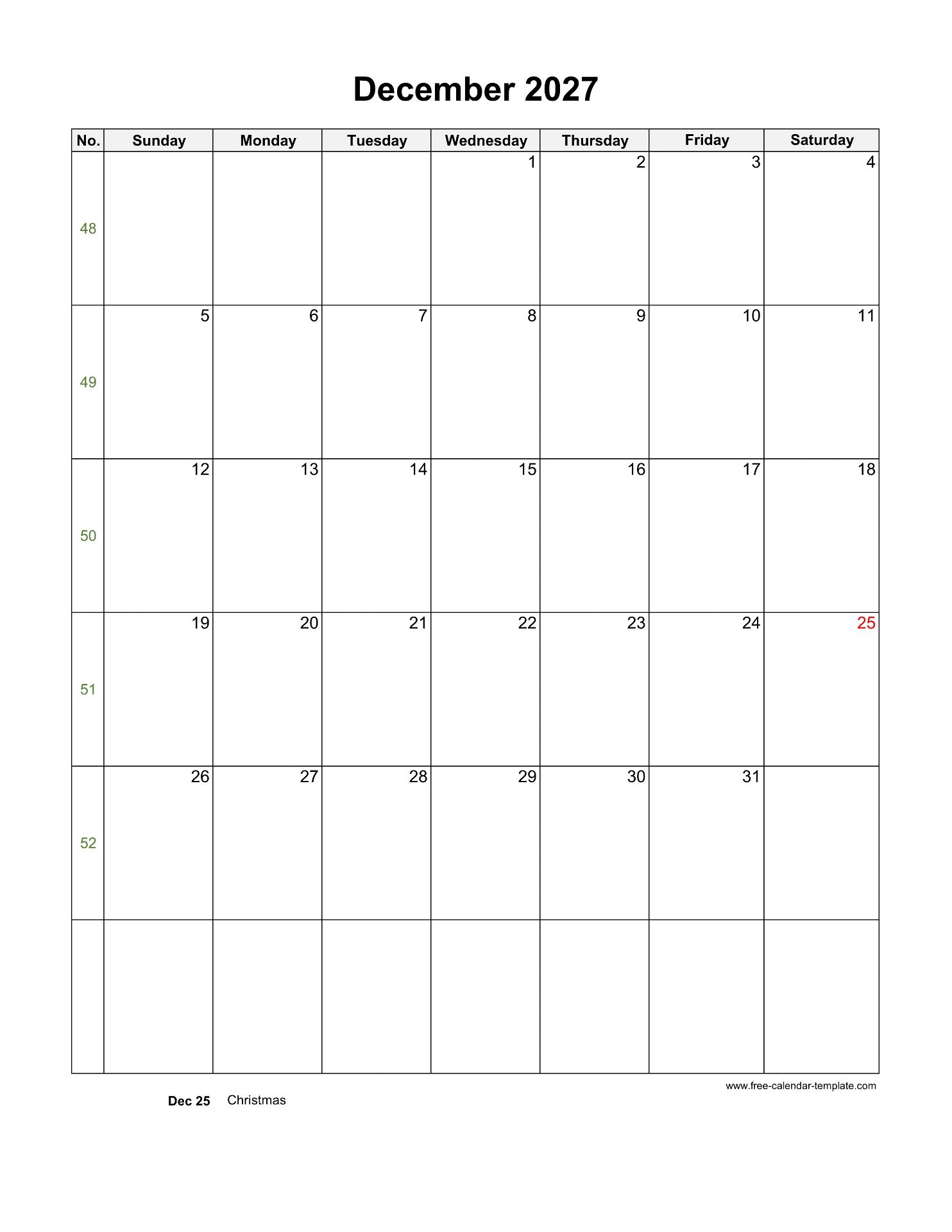 2027 December Calendar (Blank Vertical Template) | Free-calendar ...