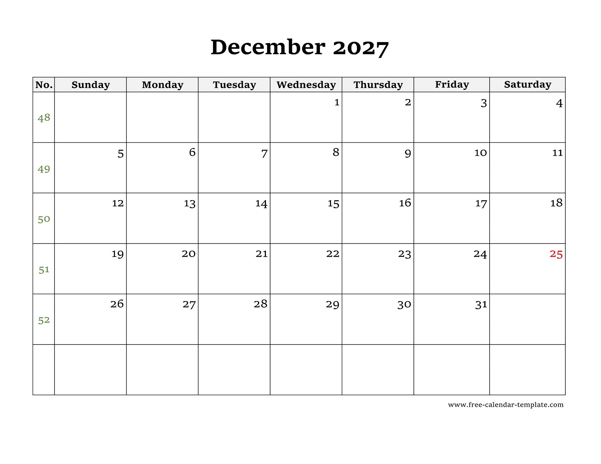 Simple December Calendar 2027 large box on each day for notes. | Free ...