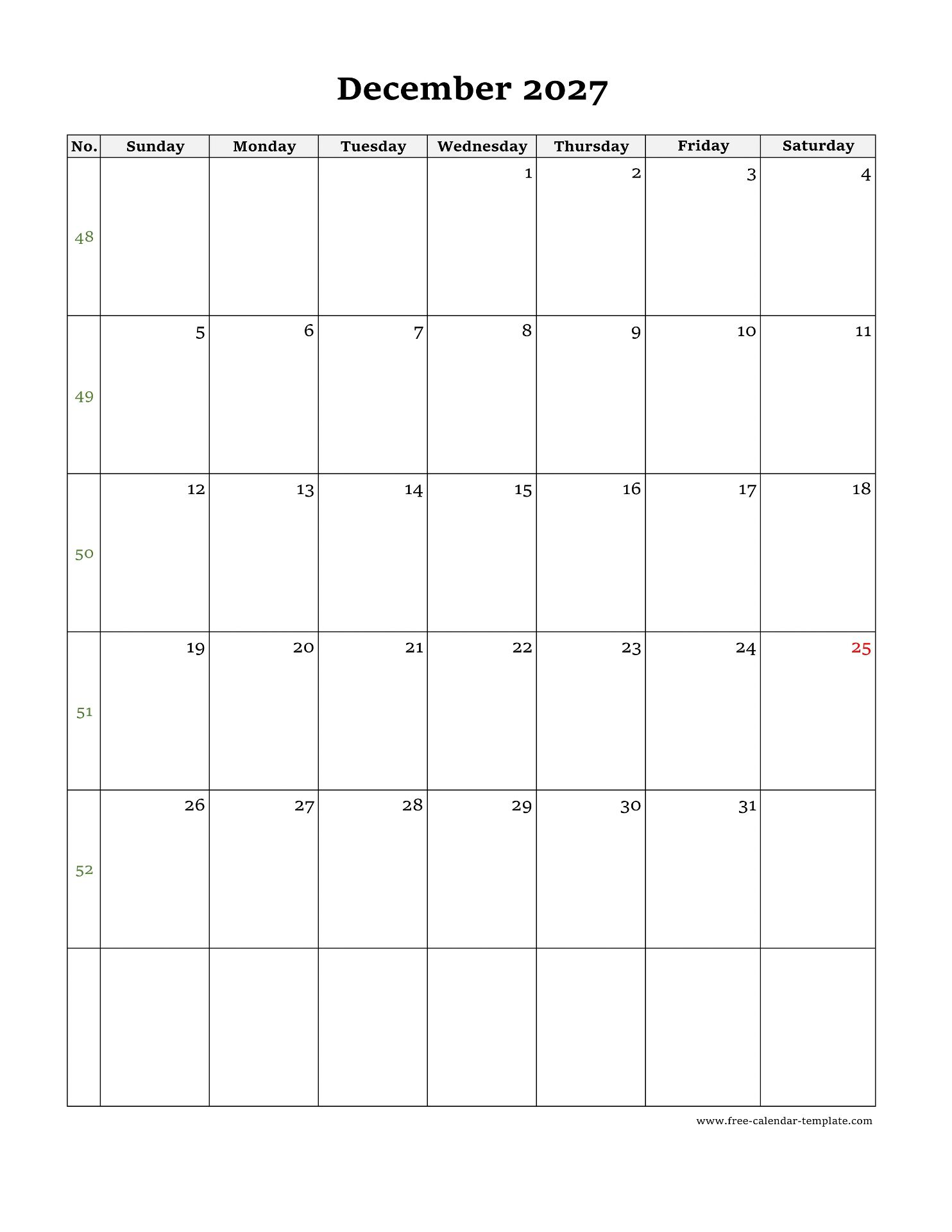 December Calendar 2027 simple design with large box on each day for ...