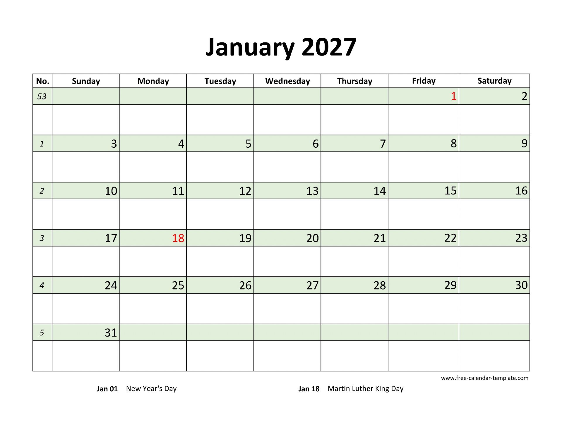 Free January 2027 Calendar, coloring on each day (horizontal) | Free ...