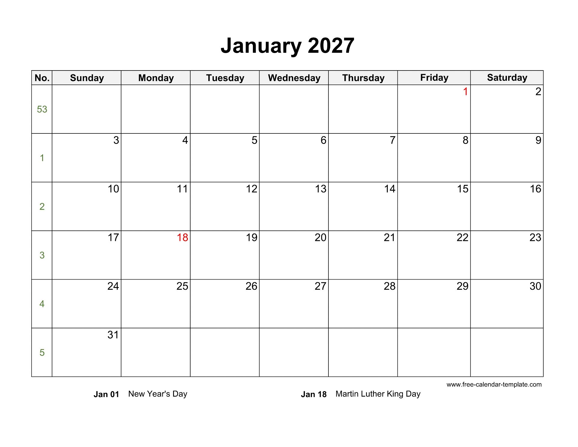 Free 2027 Calendar Blank January Template (horizontal) | Free-calendar ...
