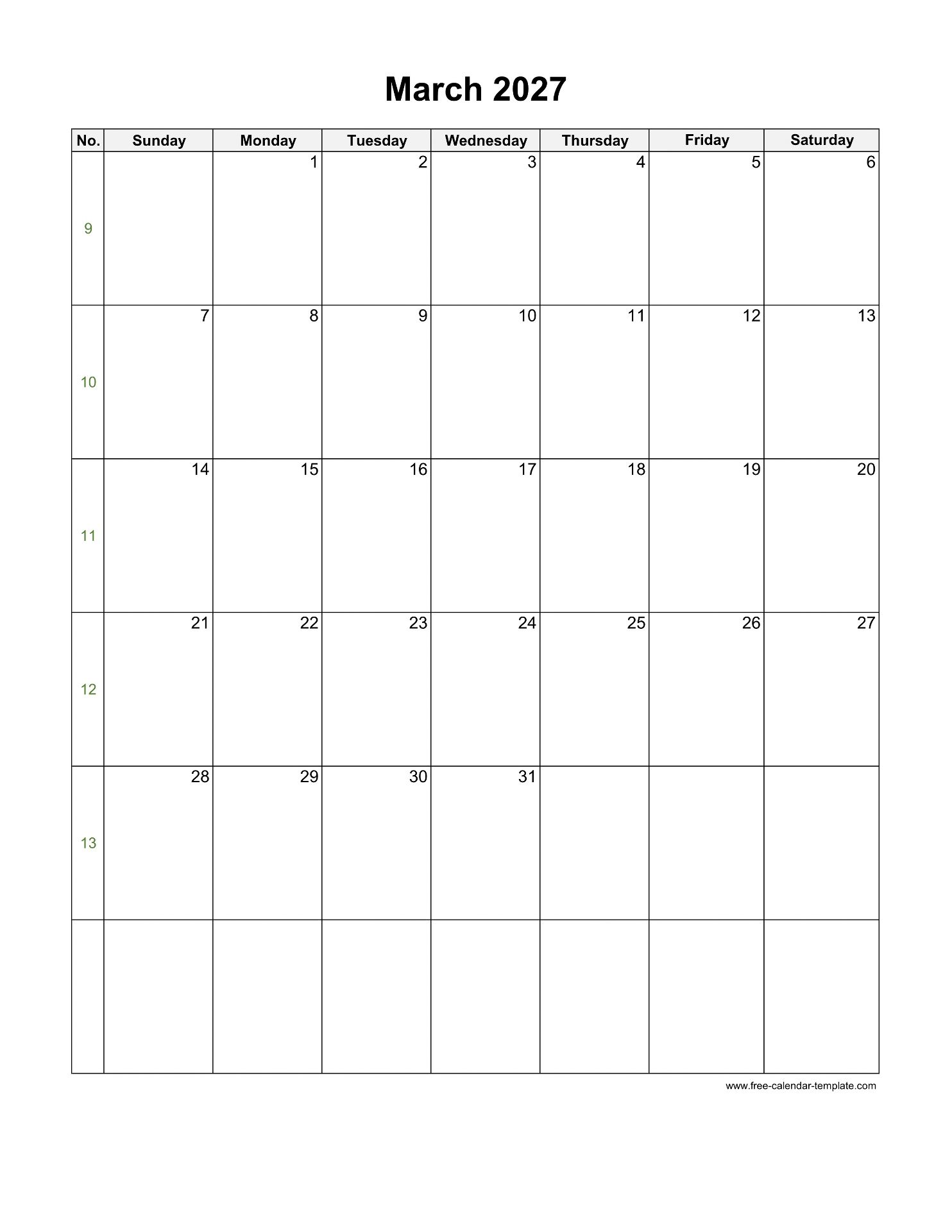 2027 March Calendar (Blank Vertical Template) | Free-calendar-template.com