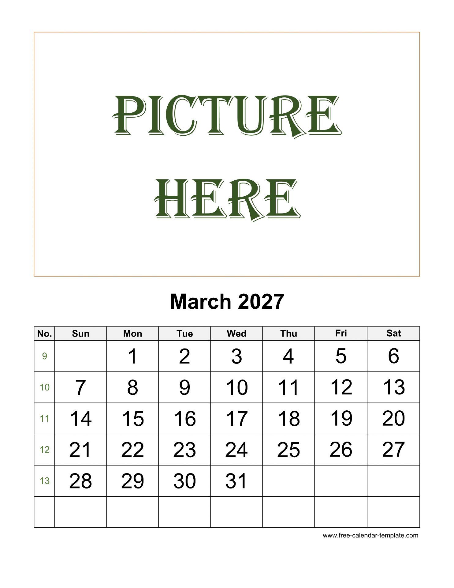 March Printable 2027 Calendar, space for add picture (vertical) | Free ...