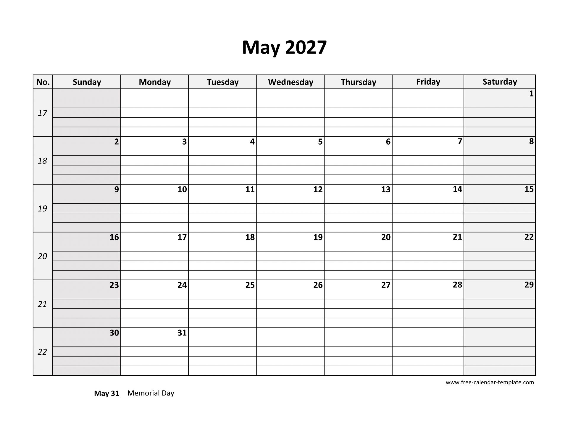 May 2027 Calendar Free Printable with grid lines designed (horizontal ...
