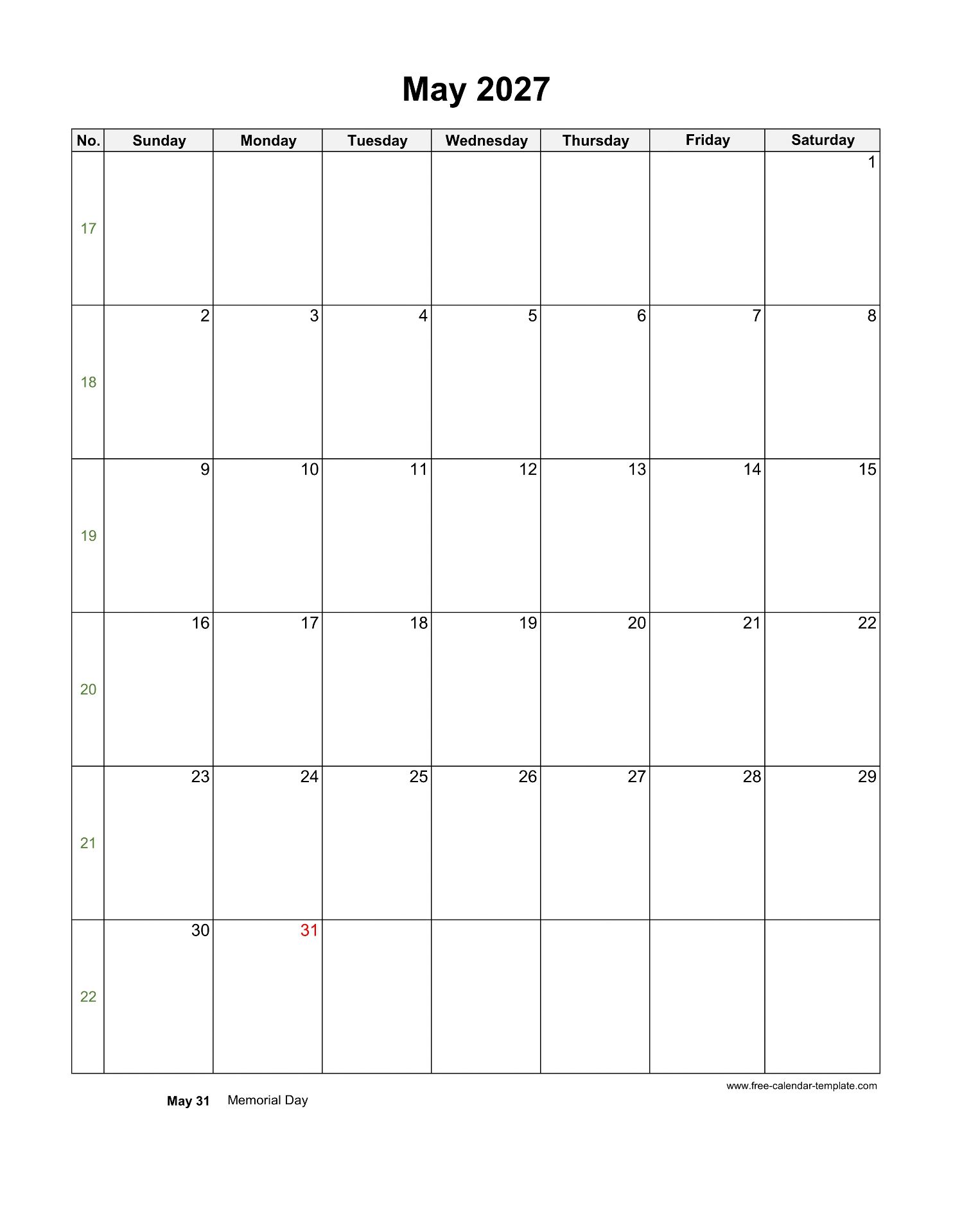 2027 May Calendar (Blank Vertical Template) | Free-calendar-template.com