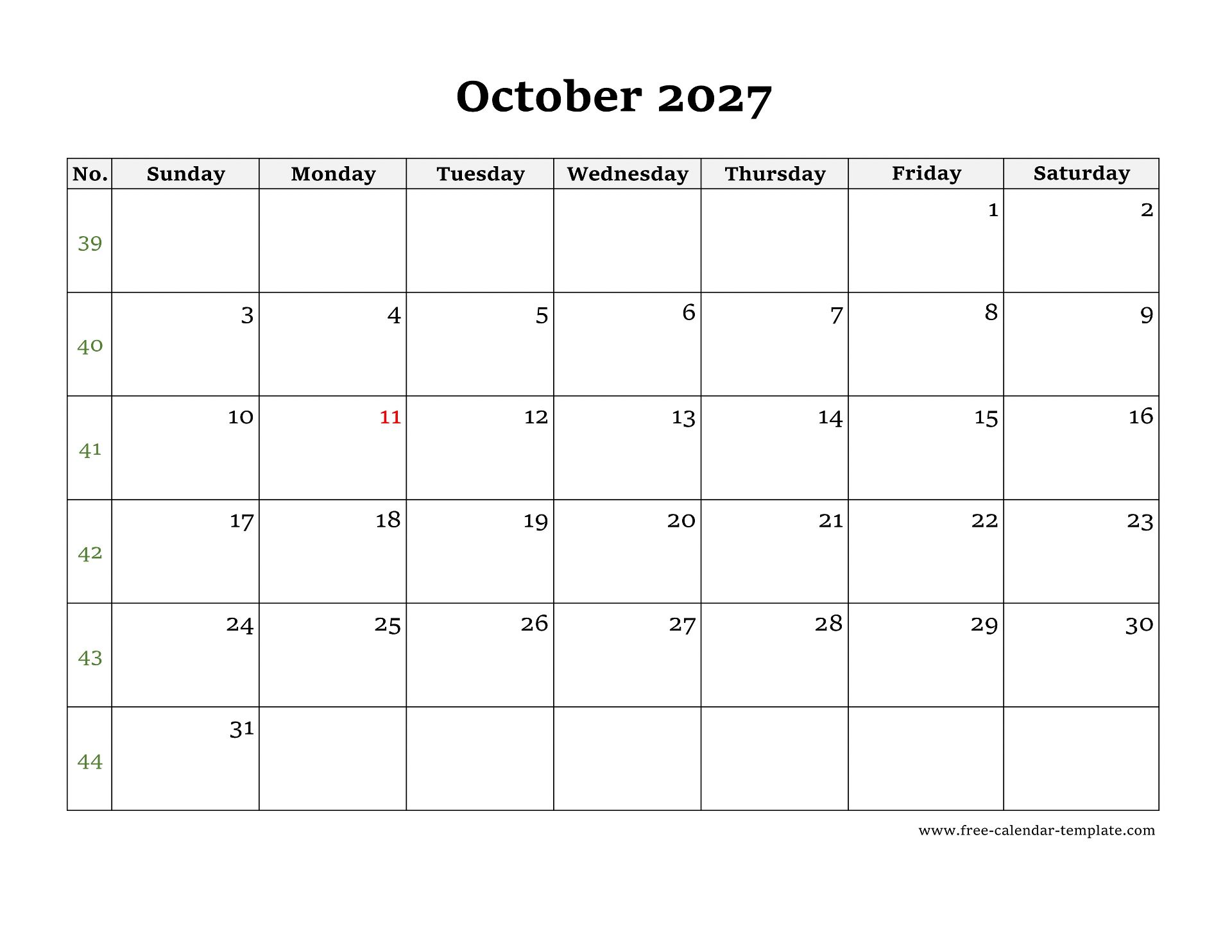 Simple October Calendar 2027 large box on each day for notes. | Free ...