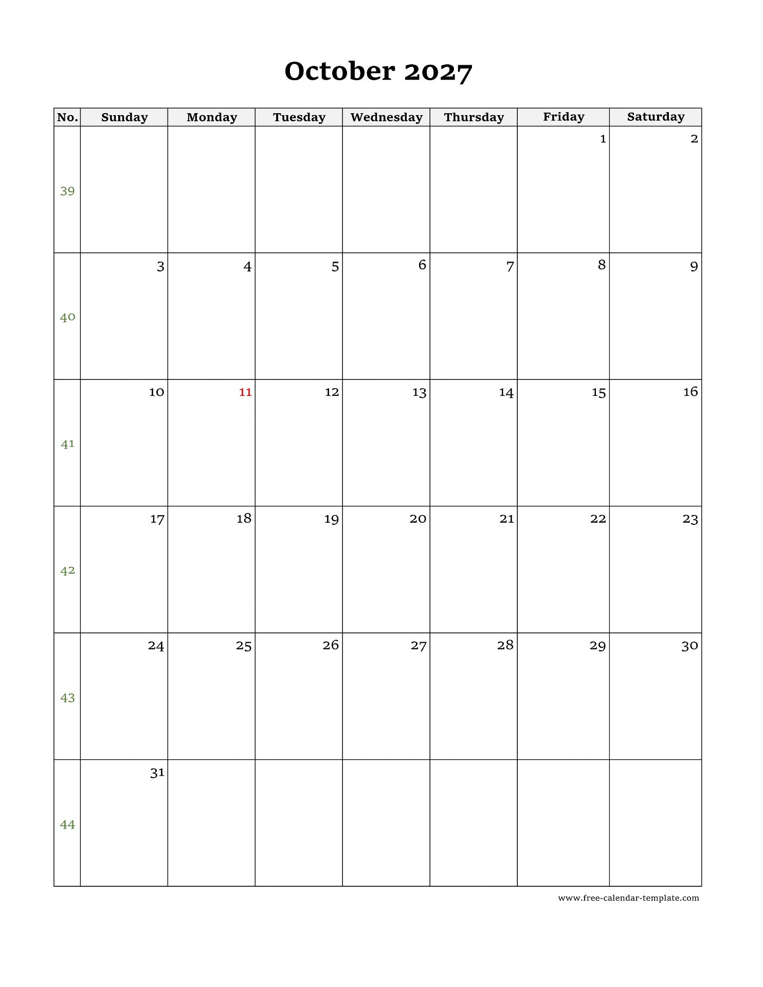 October Calendar 2027 simple design with large box on each day for ...