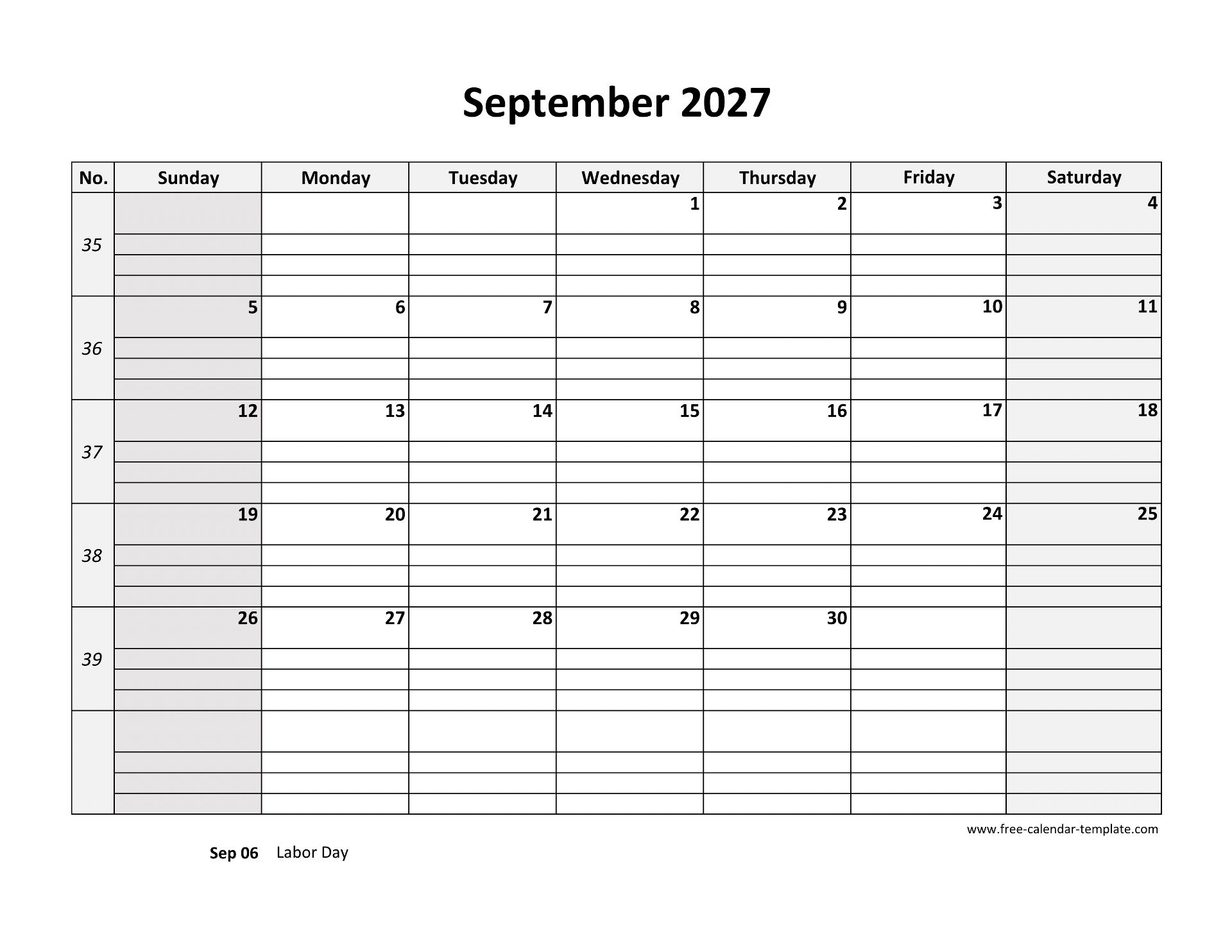 September 2027 Calendar Free Printable with grid lines designed ...