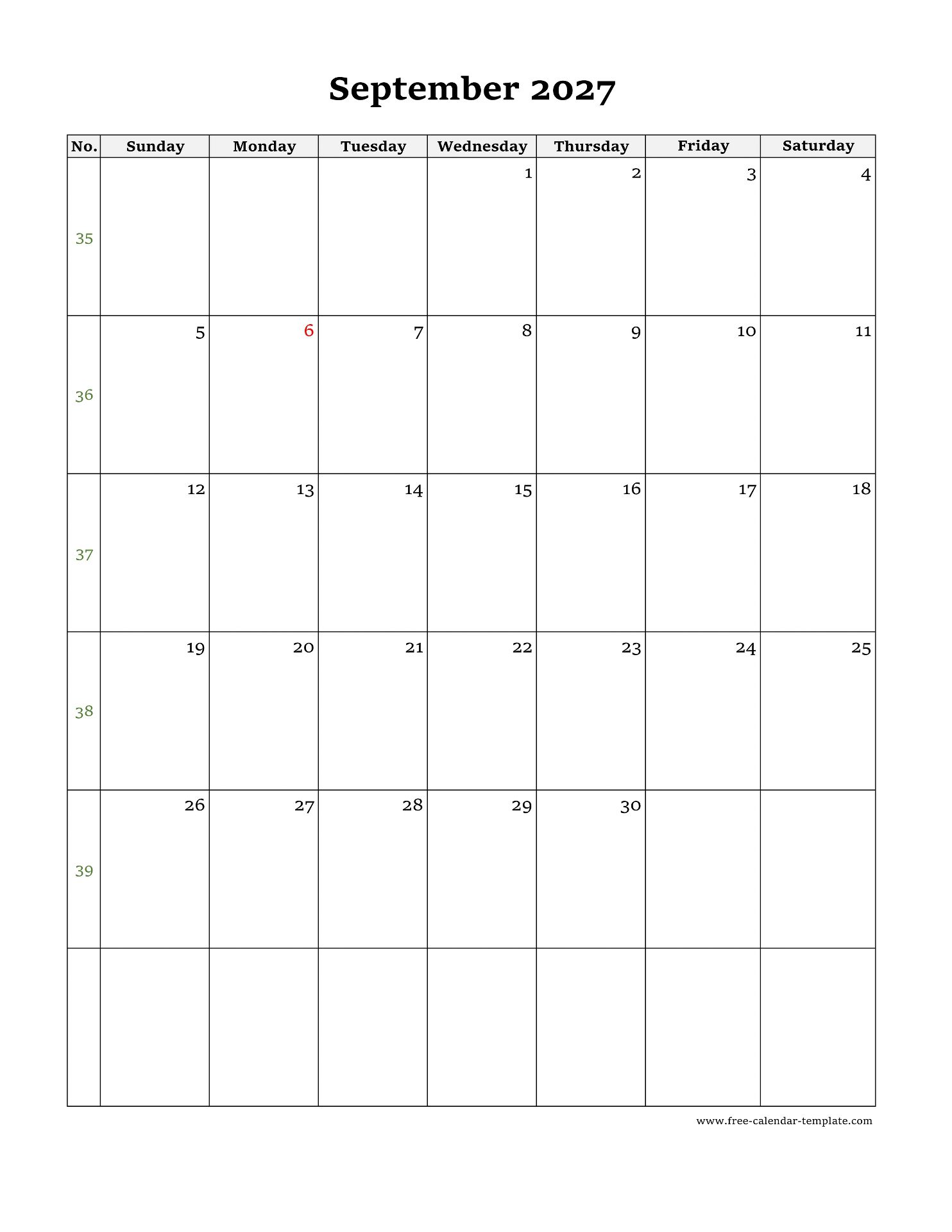 September Calendar 2027 simple design with large box on each day for ...