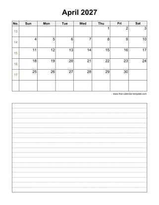 April Calendar 2027 simple design with large box on each day for notes ...