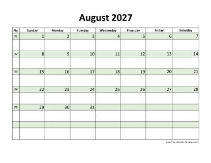 August 2027 Calendar Printable with coloring on weekend (horizontal ...