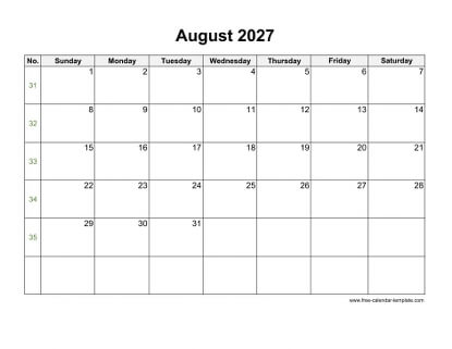 August 2027 Calendar Printable with coloring on weekend (horizontal ...