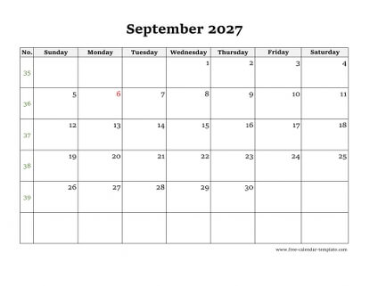Simple September Calendar 2027 large box on each day for notes. | Free ...
