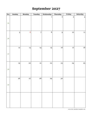 September Calendar 2027 simple design with large box on each day for ...